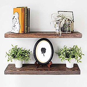 Willow & Grace Tom 24-Inch Display Decor Floating Wood Shelves with Iron Corners for Kitchen, Bedroom, & Living Room Spaces, Dark Walnut (4 Pack)