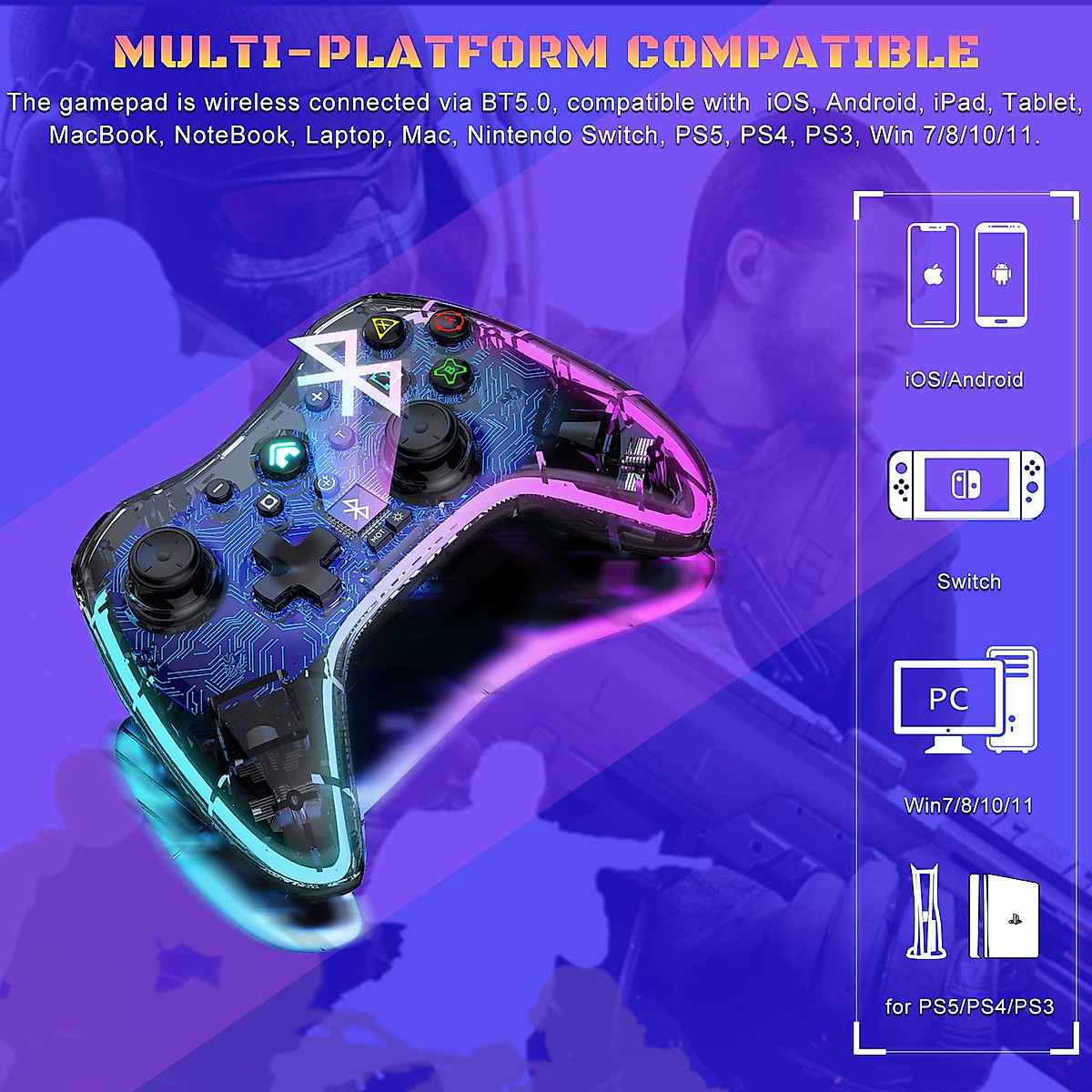 Megadream Wireless Game Controller Transparent Gamepad for iOS Android PC NS Switch PS5 PS4 PS3 Steam Deck: Works with iPhone 14/13/12/11/X, iPad, Samsung, Apex Legends, Call of Duty - Programmable/Turbo/LED Light - Black