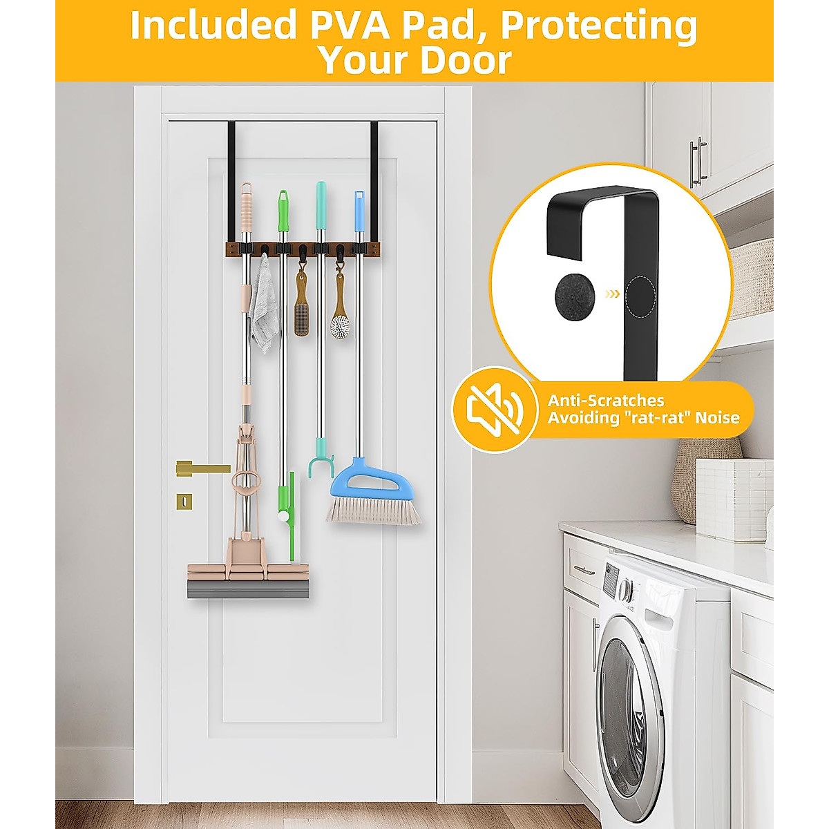 Broom Holder Over The Door - Wood Mop and Broom Holder Wall Mounted or Hanging Over The Door with Hooks - Broom Hanger, Broom Storage Tool Organizer with 4 Racks and 3 Hooks for Garage Closet Laundry