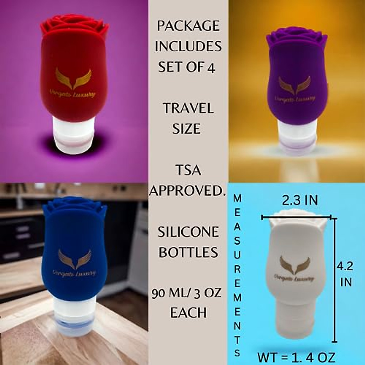 Vorgato Luxury - Travel Toiletry Bottles - Travel Containers for Toiletries Leak proof - Toiletry Bottles - Travel Size Containers - TSA Approved Travel Bottles - 3oz Silicone 4pcs