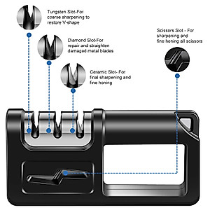 QYQOQU Kitchen Knife Sharpener and Scissor Sharpeners, 4-in-1 Hunting Outdoor Knife Sharpener, Safely Sharpen Knives with Diamond, Ceramic,Tungsten for Knife and Scissors Black