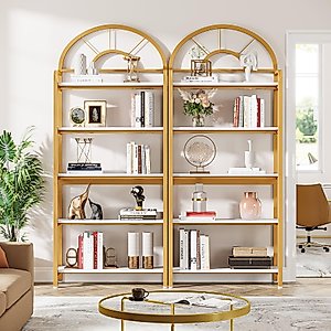 Tribesigns White and Gold Arched Bookshelf 5 Tier Bookcase, Gold Shelves for Living Room Freestanding Tall Display Shelf, Decorative Shelf for Bedroom