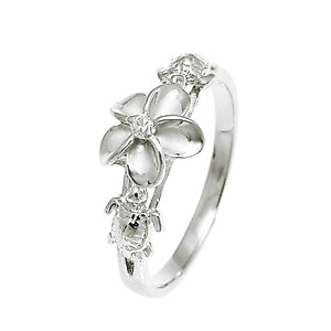 Arthur's Jewelry Sterling silver 925 Hawaiian plumeria flower cz 2 turtle ring rhodium plated size 7.5