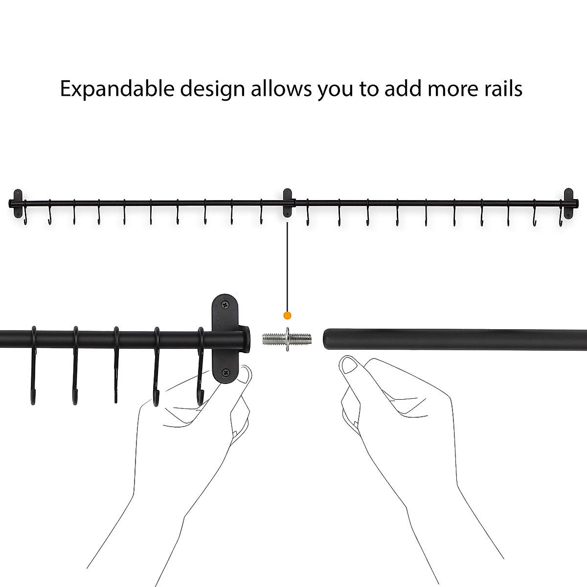 Wallniture Lyon Kitchen Rail with 10 Utensil Holder S Hooks for Hanging Kitchen Utensils Set and Cookware, 17" Frosty Black