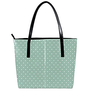 White Polka Dots on Mint Green Background Pattern Handbags for Women Large Purses Leather Tote Bag School Shoulder Bag