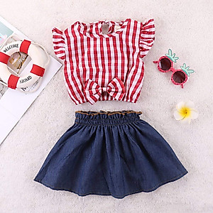 BOIZONTY Toddler Baby Girl Red Plaid Outfits Ruffled Sleeve Crop Top Shirts with Bowknot+Denim Skirt Dress Summer Clothes Set (Plaid, 3-4 Years)