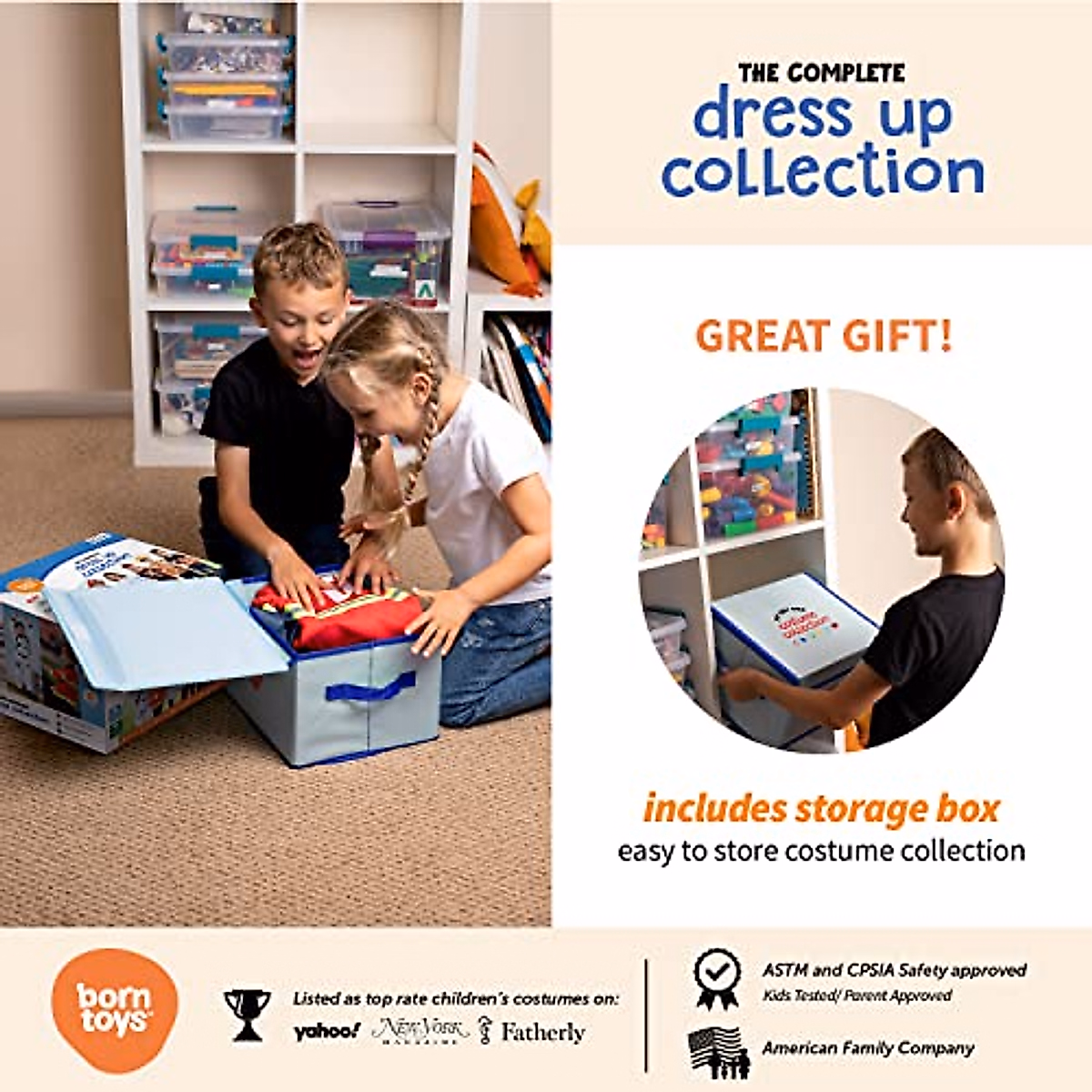 Born Toys 6-in-1 Kids' Dress Up & Pretend Play - Kids Costumes for Boys & Girls Ages 3-7 Washable Toddler Dress up Clothes w/Storage Box