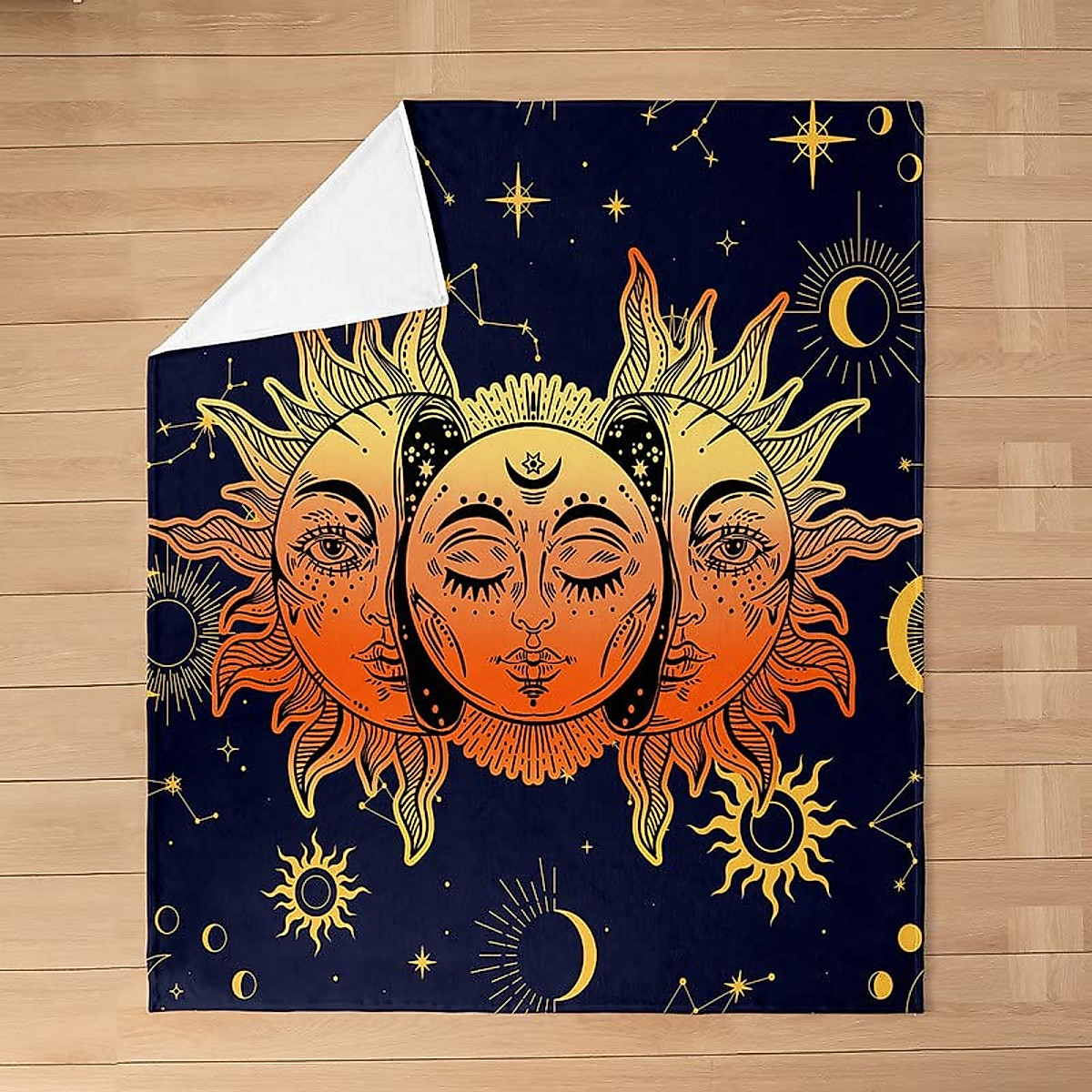 Sun Moon Flannel Fleece Throw Blanket Boho Exotic All Season Bed Blanket Room Decorative Bohemian Galaxy Fuzzy Blanket Astrology Space Cosmic Celestial Orange Plush Blanket Throw 50"x60"