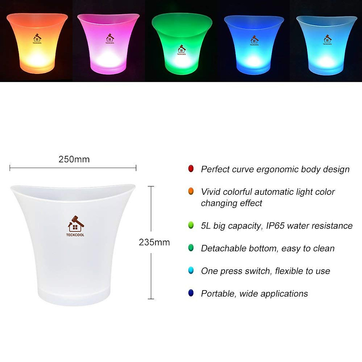 LED Ice Bucket,TECKCOOL 5L Large Capacity Wine Cooler Led Waterproof with Colors Changing,Retro Champagne Wine Drinks Beer Bucket,Power by 2 AA Batteries,for Party,Home,Bar,etc (batteries not include)