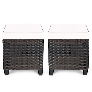 LDAILY Moccha 2 Pieces Patio Outdoor Ottoman, All Weather Rattan Patio Ottoman Set w/Removable Cushions, Footrest Seat Outdoor Footstool (Cream)