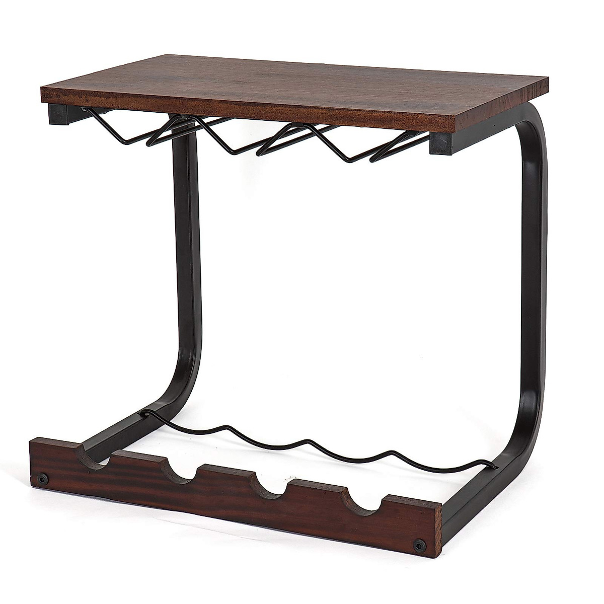 SODUKU Wine Rack Wall Mounted Handmade Metal & Wood Wine Countertop Rack Wine Storage Shelf with 4 Bottle Cages & 6 Long Stem Glass Holder Walnut