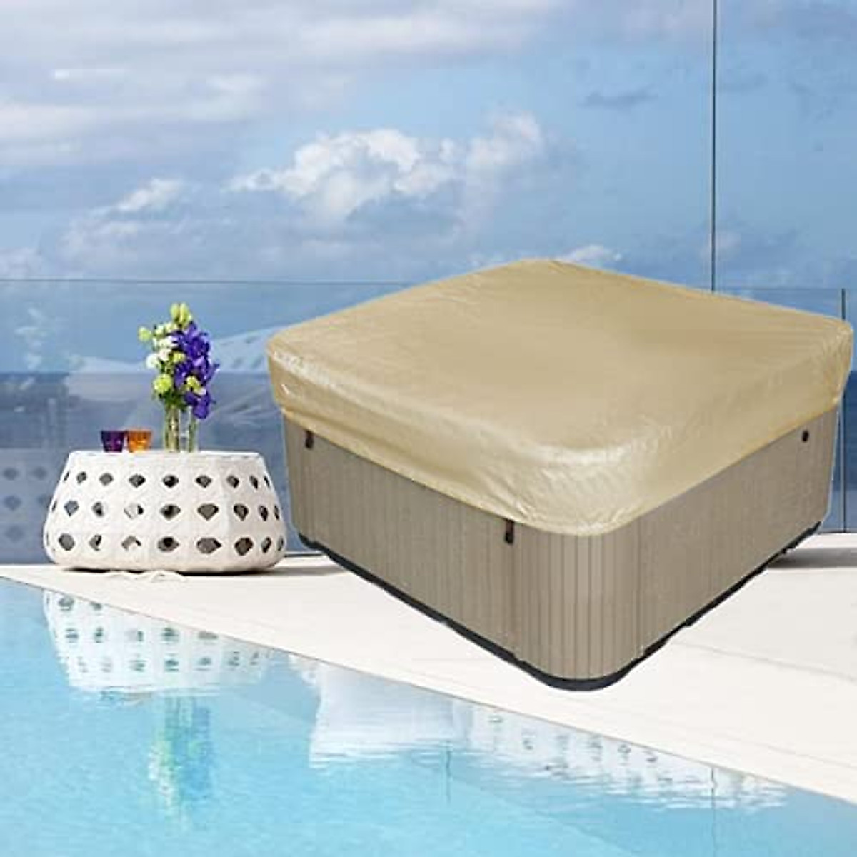 Aurragiy Square Hot Tub Cover Garden Hot Tub Spa Cover Replacement Waterproof UV Protected Rectangular Spa Cover Outdoor Spa Covers-Beige (87''Lx87''Wx12''H)