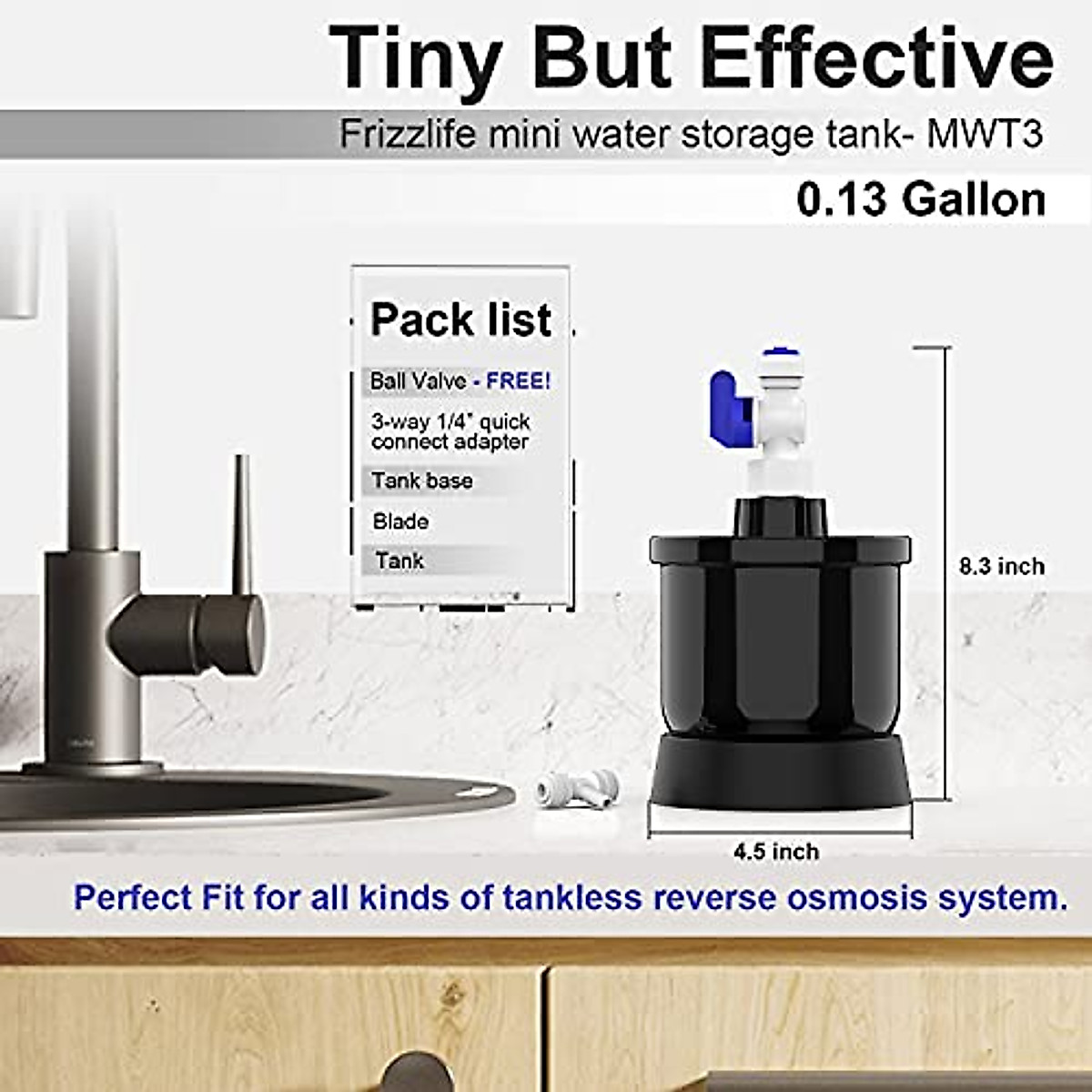 Frizzlife MWT3 Pressure Mini Water Tank for PD400, PD500, PD600, PX500, PX500-A, 0.13 Gallon Small Pressuized Storage Water Tank for Tankless Reverse Osmosis System G2, P600,G3, with 1/4" Ball Valve