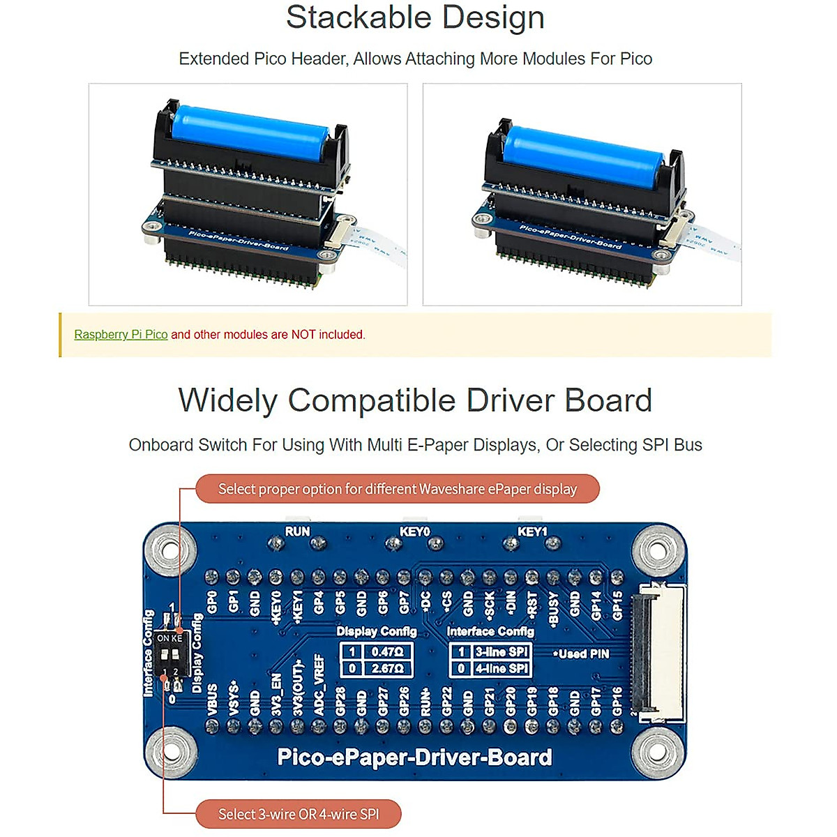2.13inch Flexible E-Paper Module for Raspberry Pi Pico, 212×104 Pixels Black/White E-Ink Display SPI Interface Support Partial Refresh Low Power, Wide Viewing Angle