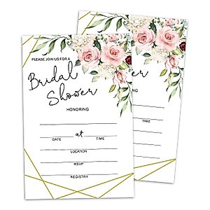 Set of 25 Bridal Shower Rose Floral Invitations with Envelopes, Modern Invites for Bridal Shower, Wedding Party Invitations, Fill in Style Invites Cards -007