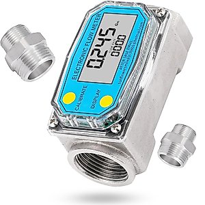 CGOLDENWALL 1-inch Water Meter, Stainless Steel Fuel Meter, Digital Liquid Flowmeter with Two NPT Adapters, Turbine Inline Flow Meter for Diesel Kerosene Gasoline, Required Liquid Flow Rate 2.5~26GPM