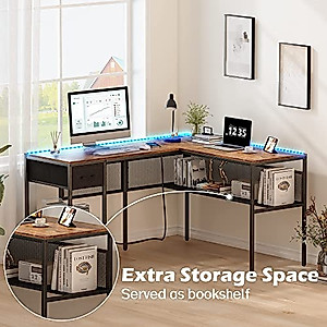 SUPERJARE L Shaped Desk with Power Outlets & LED Lights, Computer Desk with Storage Shelves & Fabric Drawer, Reversible Corner Desk with Bookshelf, Home Office Desk, Rustic Brown