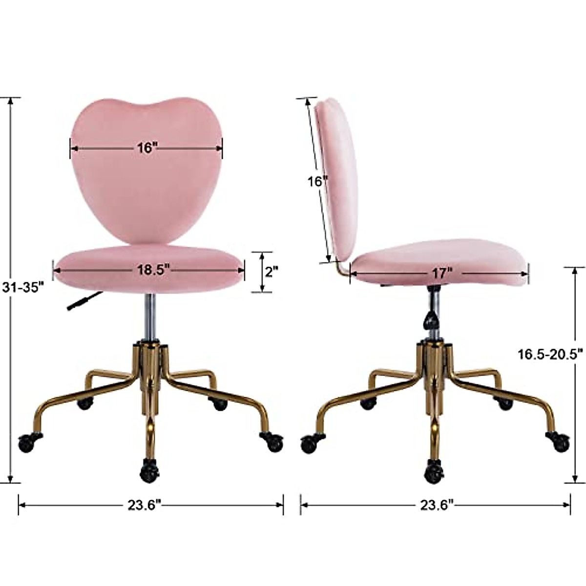 HNY Hi&Yeah Velvet Cute Desk Chair with Wheels, Comfortable Armless Home Office Chairs Heart Backrest, Adjustable Height Upholstered Swivel Accent Vanity Chair, Pink