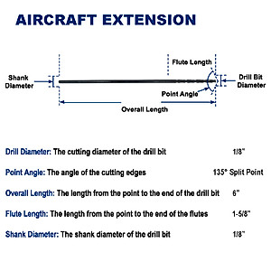1/8-Inch x 6-Inch Aircraft Extension Black Oxide Drill Bit, Premium M2 High Speed Steel, Extra Length, for Metal, Plastic, Wood