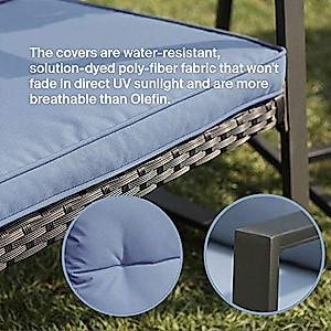 Pyramid Home Decor 3 Piece Rocking Bistro Set - Synthetic Wicker Outdoor Furniture - Glass Coffee Table with 2 Chairs for Balcony, Patio & Porch - Black Metal, Soft Cushions (Gray)