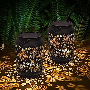 2 Pack Outdoor Solar Lanterns Butterfly Flower Design Hanging Solar Lantern Lights Waterproof Solar Powered Lanterns Decorative with Handle Solar Outdoor Lantern for Table, Patio, Courtyard, Garden