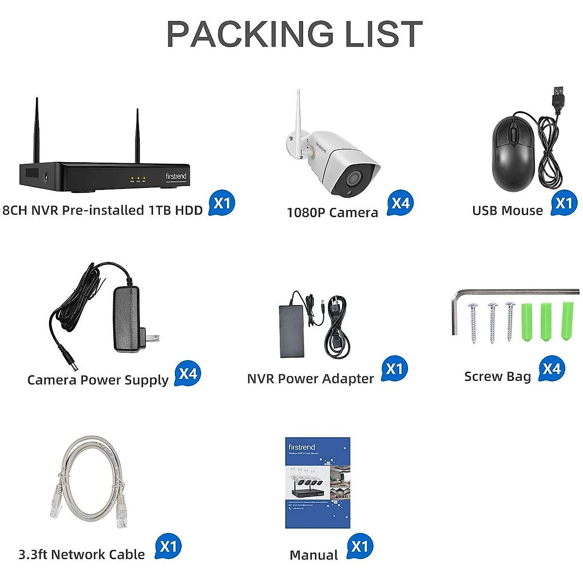 Security Camera System Wireless,Firstrend 1080P 8CH Wireless Home Security Systems with 4pcs 2MP Full HD Cameras 1TB HDD Night Vision Motion Detection Free App for Indoor Outdoor Video Surveillance