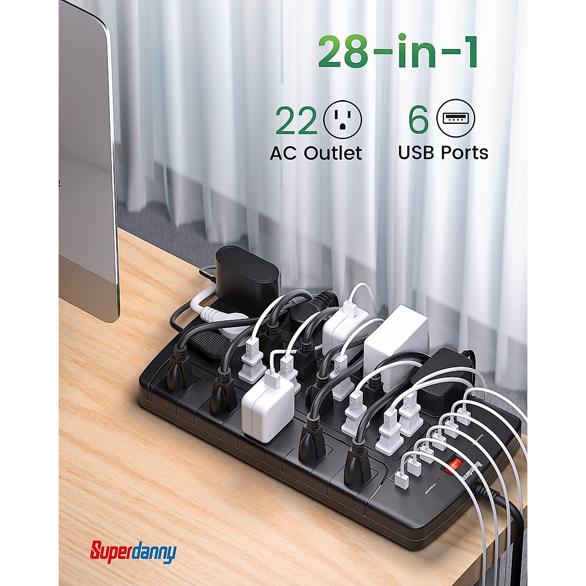 Surge Protector Power Strip with USB, SUPERDANNY Extension Cord with 22 Outlets & 6 USB, 1875W/15A, 1050J Surge Protection, 6.5Ft Flat Plug Power Cord, for Home Office Dorm Workshop, Black