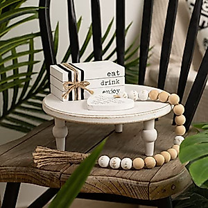 GENMOUS Farmhouse Decorative Round Wood Risers For Decor, White Wood Pedestal Stand With Wood Book Stacks and Garland For Rustic Accent Centerpiece Display in Kitchen/Bathroom/Dining/Living Room