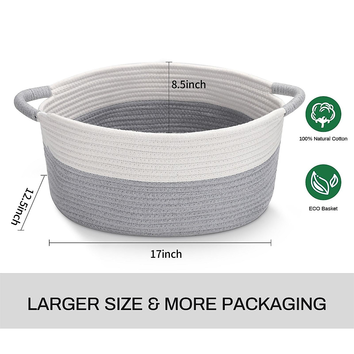 Medium Rope Basket with Handles, Medium Storage Basket, 17 "L x 12.5" W x 8.5 "H, Home Decor Basket, Towel Basket, Book & Magazine Storage Basket