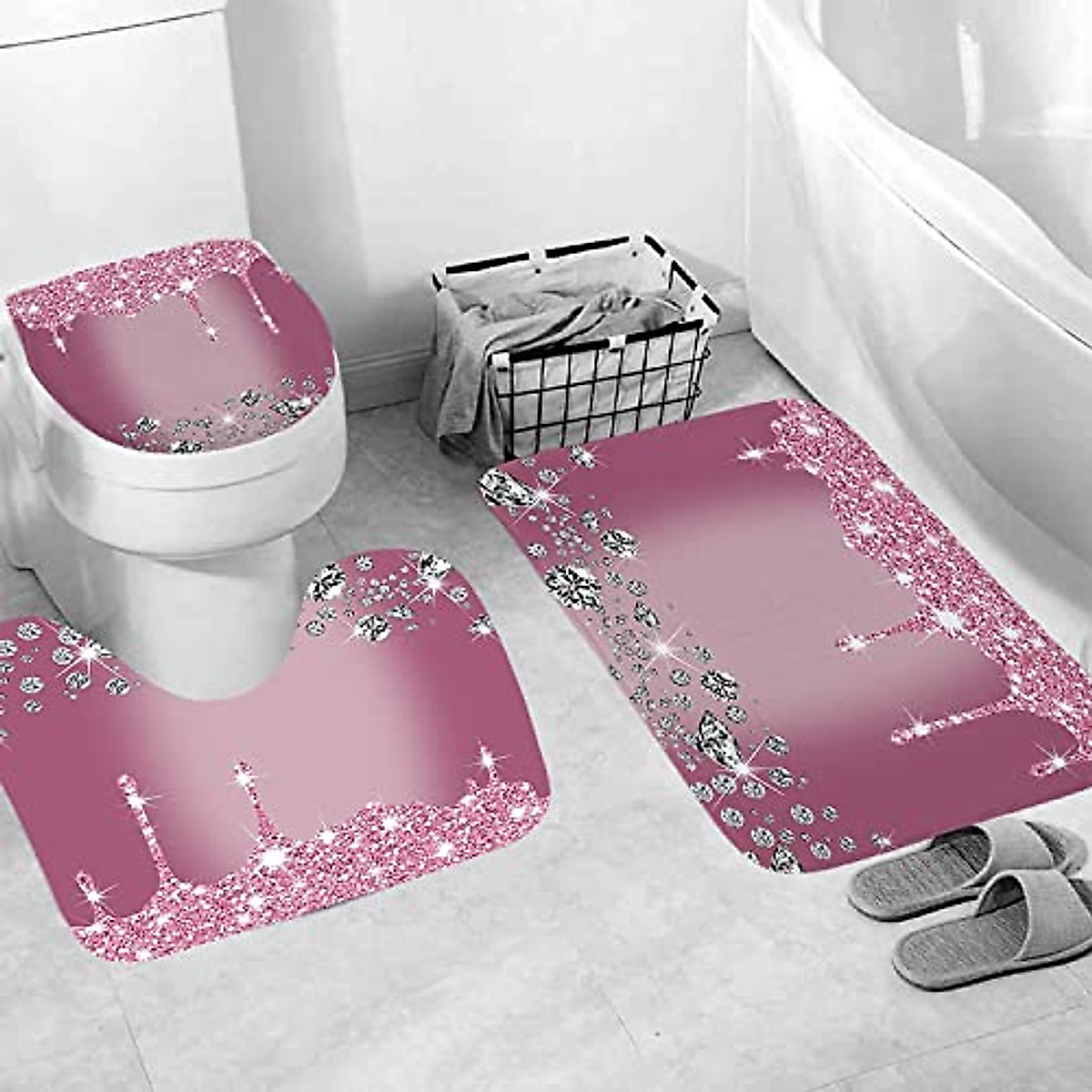 Glitter Diamond Shower Curtain for Bathroom Set Decor with Non-Slip Rugs Bath U-Shaped Mat Toilet Lid Cover Pink Bathroom Curtains Shower Set with 12 Hooks, Glitter Siamond Bathroom Set