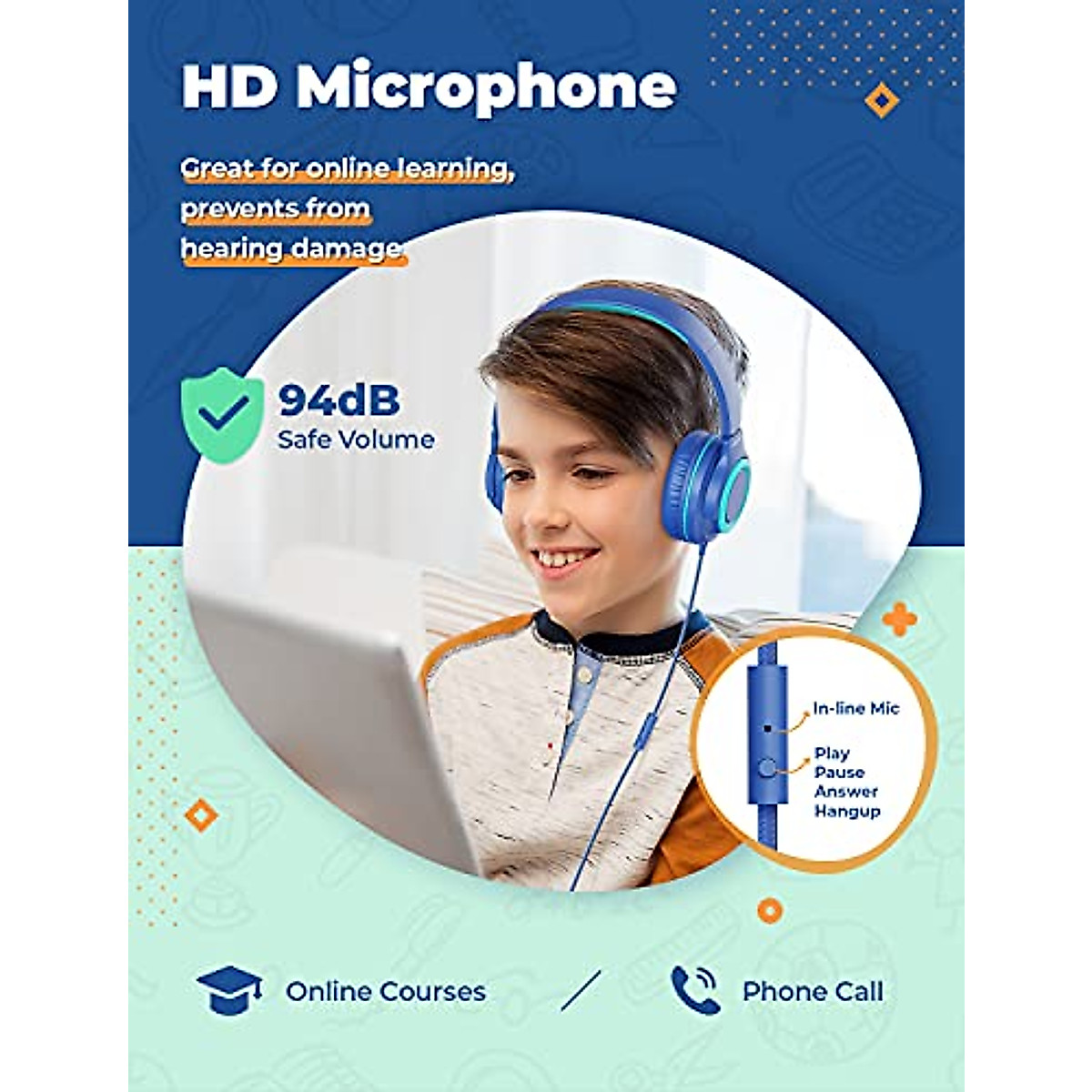 iClever 2 Pack Kids Headphones with Microphone - 94dB Safe Volume Limited - HS22 Wired Headphones for Kids Teens with Sharing Splitter, Tangle-Free Foldable Stereo Headset for School/Tablet/Travel