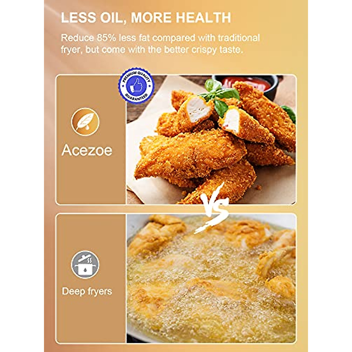 Acezoe Stainless Steel 7.4 QT Digital Air Fryer 1700-Watt with 9 Preset Cooking Functions, LED Touchscreen, Non-Stick Coating, 43 Recipes, Easy to Clean, Auto Shut-Off