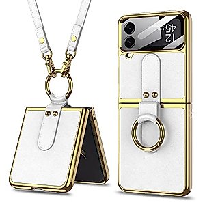 SHIEID Galaxy Z Flip 4 Case with Shoulder Strap, Ring Holder, Z Flip 4 Cover with Small Screen Protection, Premium Leather, and Wireless Charging Support for Samsung Flip 4 Case, Elegant White