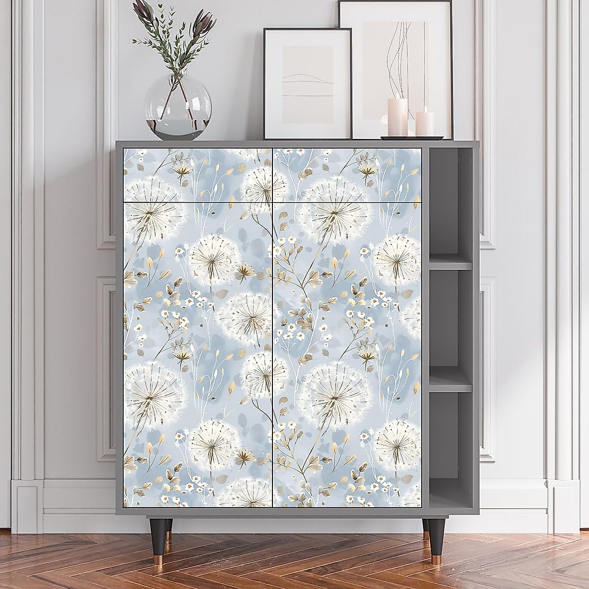 Nukofal Floral Peel and Stick Wallpaper Dandelion Floral Wallpaper Peel and Stick 15.7 inch x 118.1 inch Flower Wallpaper Blue/Gray/White Self Adhesive Removable Contact Paper for Cabinets Decor