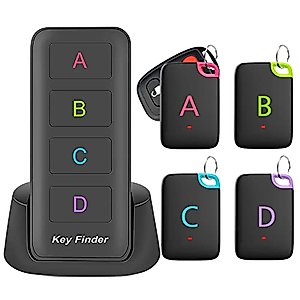 Key Finders eirix RF Item Locator with 1 Transmitter and 4 Receivers, Remote Control Tracker Device for Finding Keys Wallet Pets, Batteries Included