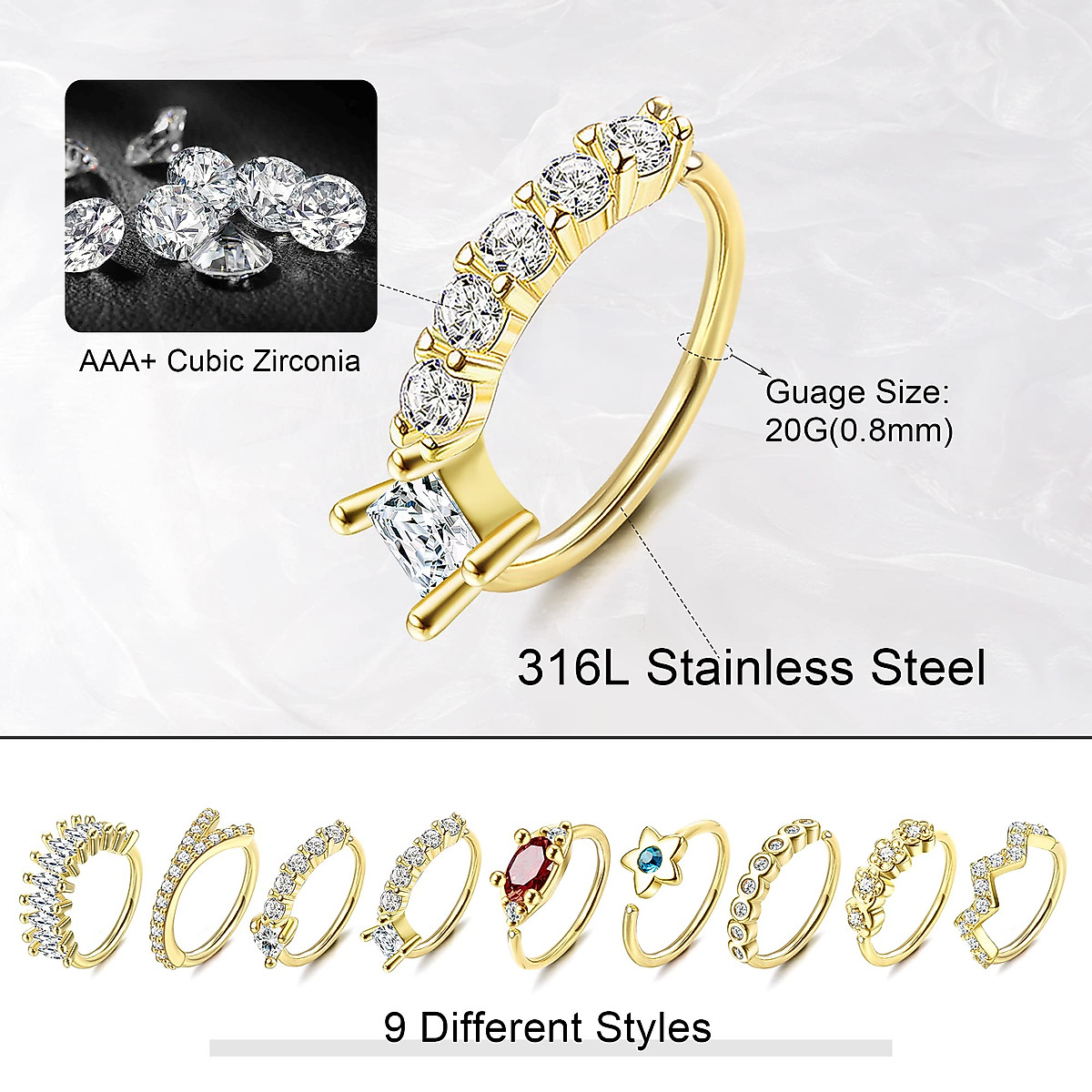 Drperfect 9Pcs 20G Nose Ring Hoop Stainless Steel Paved CZ Cartilage Earrings Hoop Nose Piercing Jewelry for Women Men Silver Gold Rose Gold Black Nose Ring Hoop