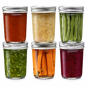 Paksh Novelty Glass Regular Mouth Mason Jars, 8 Oz Jars with Silver Metal Airtight Lids for Meal Prep, Dry Food Storage, Canning, Drinking, for Overnight Oats, Jelly, Spices, Salads, Yogurt (6 Pack)