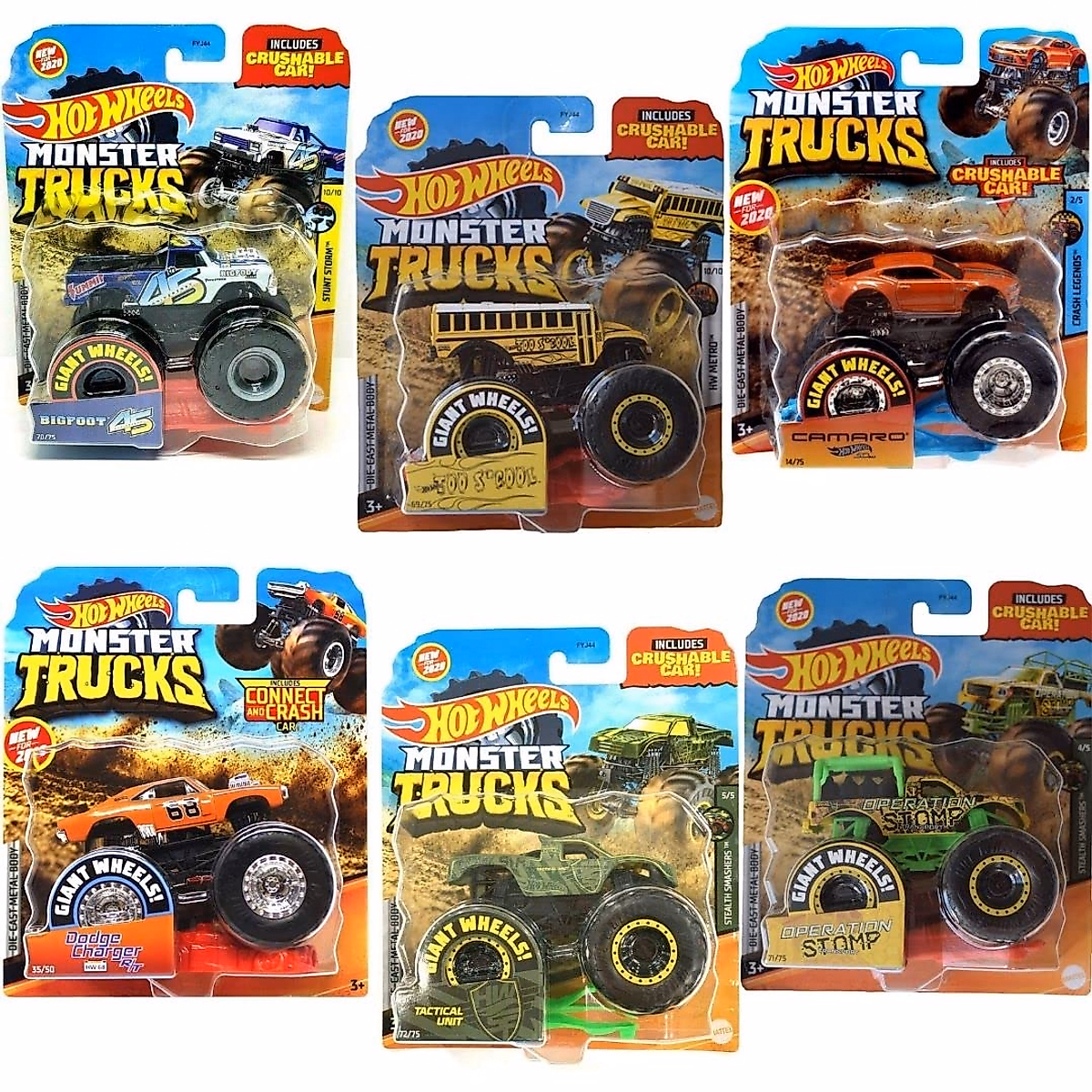 Hot Wheels Monster Trucks Crushable Car Set of 6 Diecast Vehicles with Bigfoot 45, Dodge Charger, Camaro and More