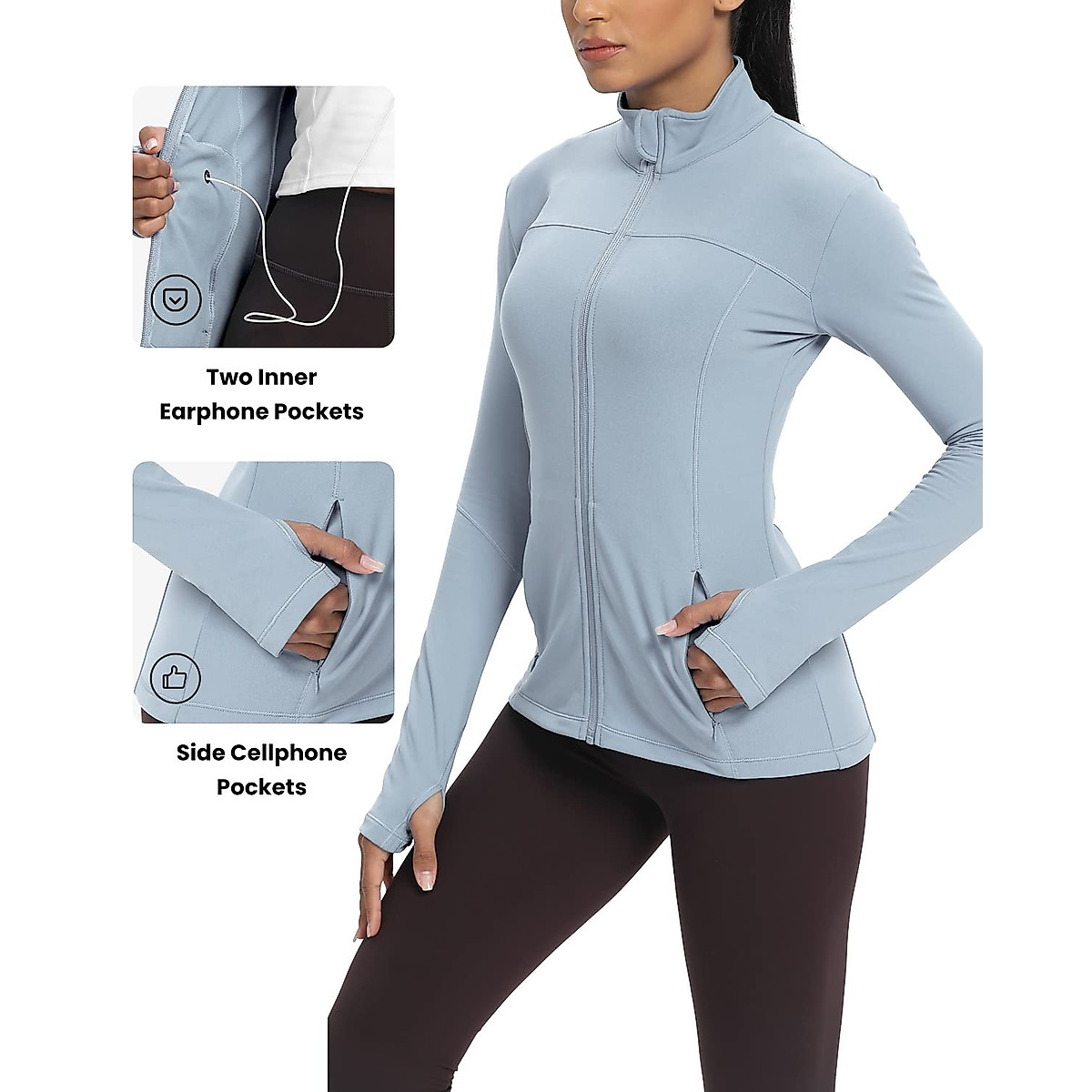 AVGO Workout Jackets for Women, Fleece Jackets Full Zip Long Sleeves Running Track Jacket with Pockets(Milk Gray,Small)