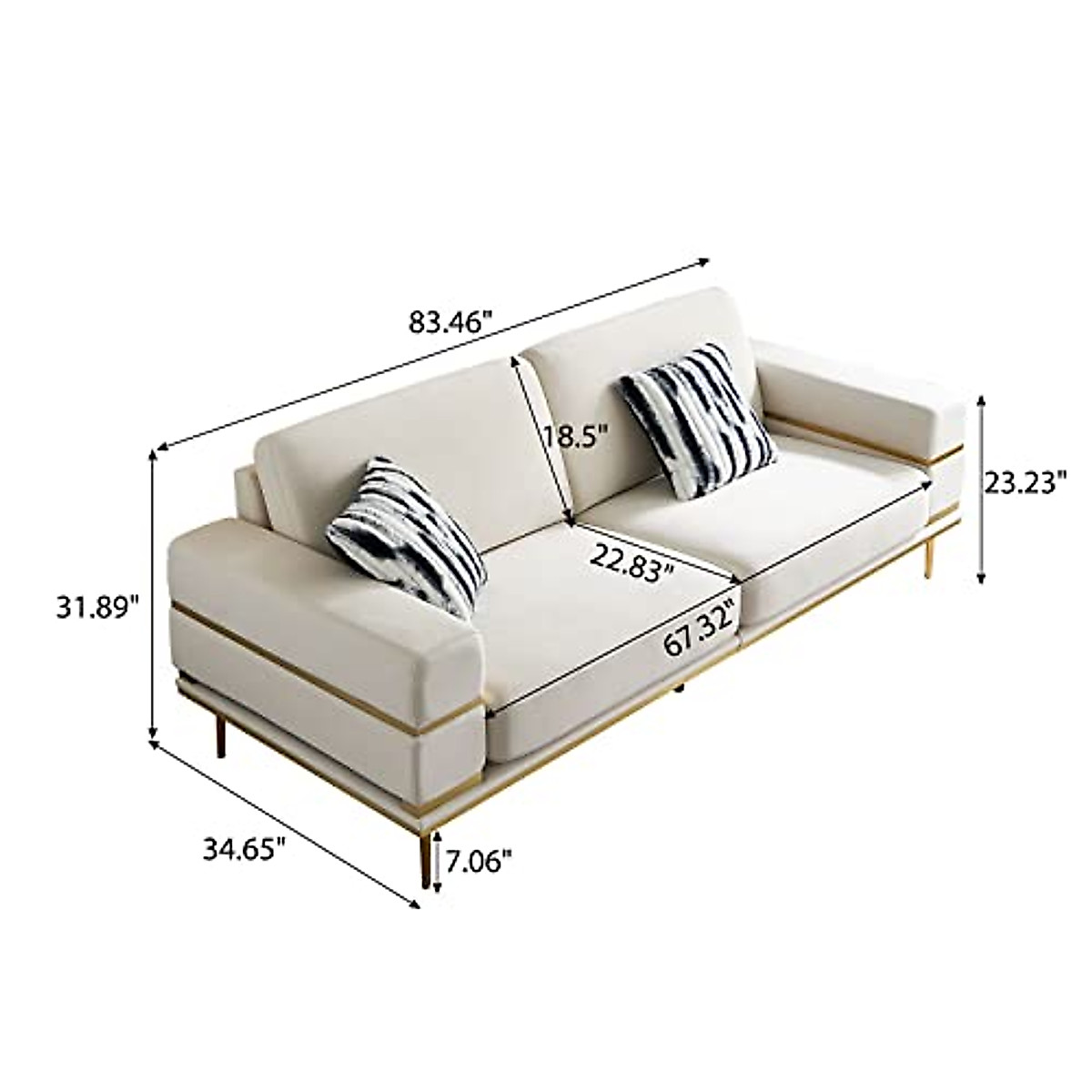Neylory Modern Velvet Sofa Couch for Living Room,83 Inches Big Comfy Couch Upholstered 3 Seater Sofa with 2 Pillows Square Arm and Metal Legs Decor Furniture for Bedroom,Office(Beige)