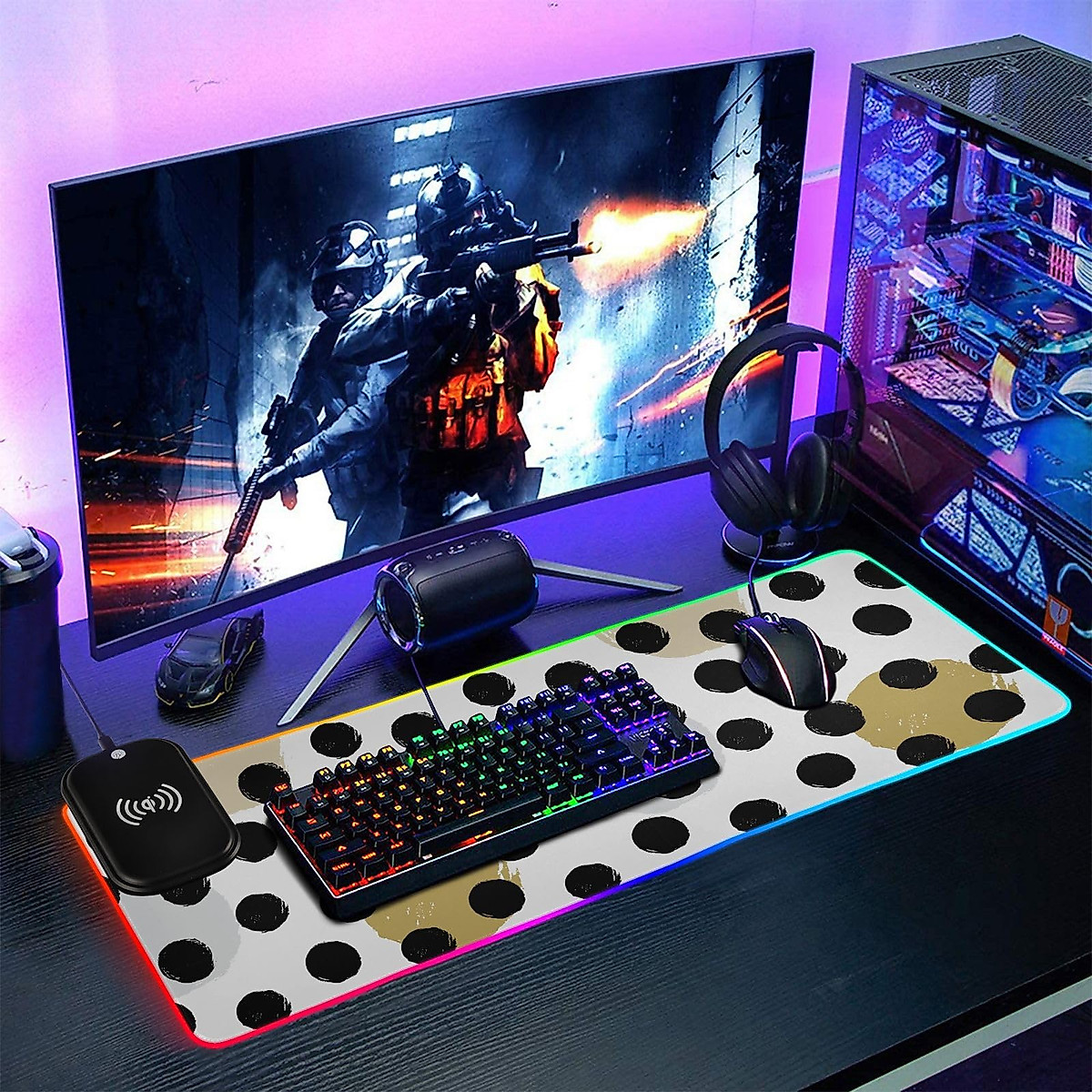 Polka Dot Wireless Charging Mouse Pad for Mobile Phone Extra Large Gaming Mousepad with 13 Lighting Modes Mouse Mat for Gaming MacBook PC Laptop Desk Home Office