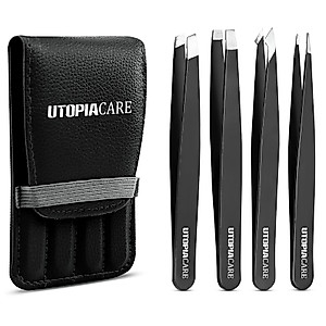 Utopia Care Tweezers for Women Facial Hair (4 Piece), Eyebrow Tweezers for Women Professional, Precision Tweezers Set for Women, Pointed Tweezers Slant Tip, Ingrown Hair Tweezers for Men (Black)