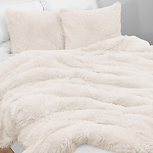 KB & Me Sweet JoJo Designs Boho Off White Fuzzy Faux Fur Plush Duvet Comforter Cover and Sham 3 pc. Soft Shaggy Fluffy Full/Queen Size Bedding Set Ivory Cream Luxury College Dorm Teen