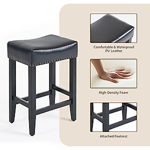 Furnimart 26” Bar Stools Set of 2 Leather Saddle Stool Counter Height Bar stools with Rivet Trim Cushion Seat Wood Counter Stools for Kitchen and Bar (PU-Black)