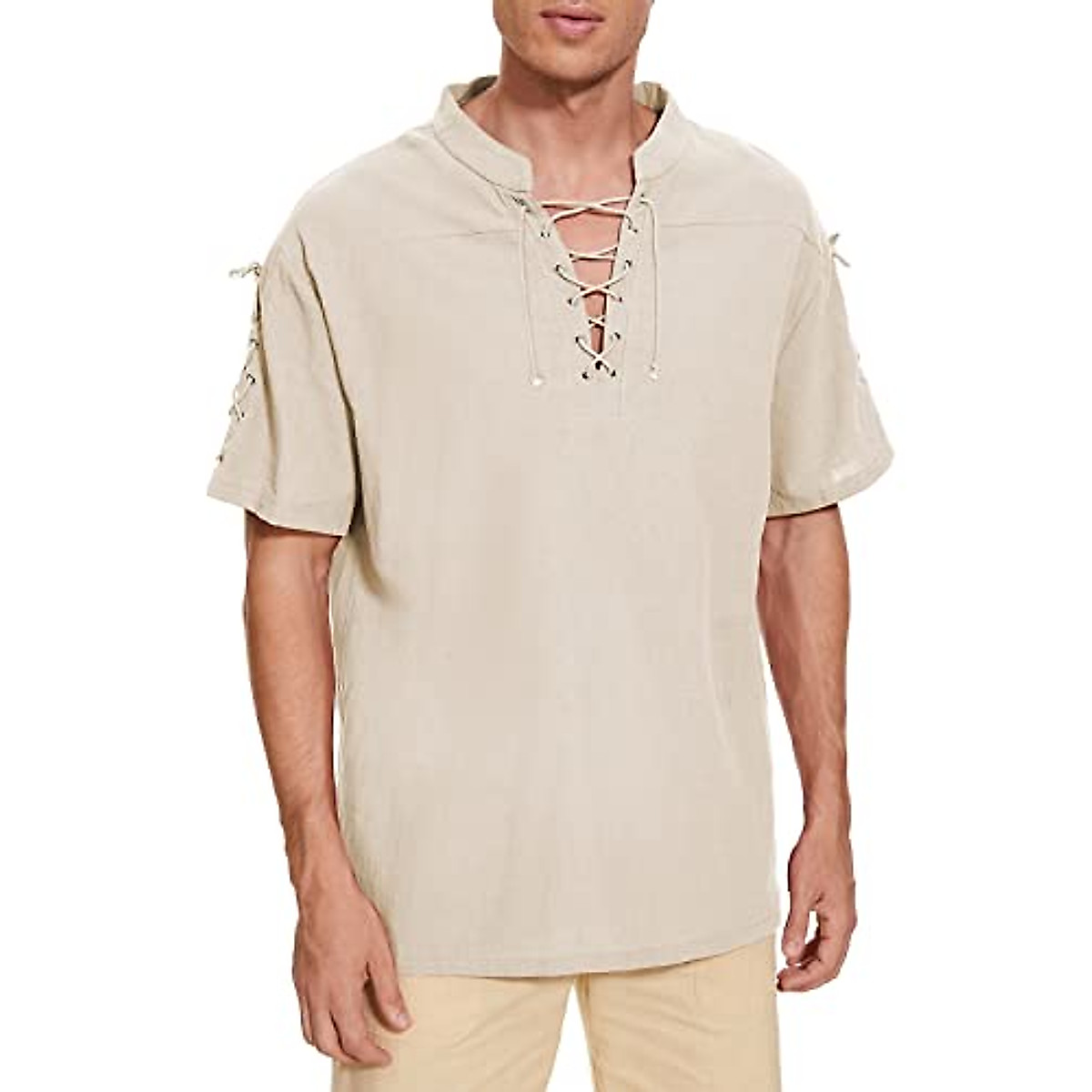 Men's Pirate Shirt Renaissance Medieval Retro Steampunk Gothic Viking Lace up T Shirt Ren Faire Halloween Costume Top 01 Beige Medium