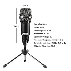 FIFINE USB Microphone, Plug and Play Home Studio USB Condenser Microphone for Skype, Recordings for YouTube, Google Voice Search, Games, for Windows and Mac-K668