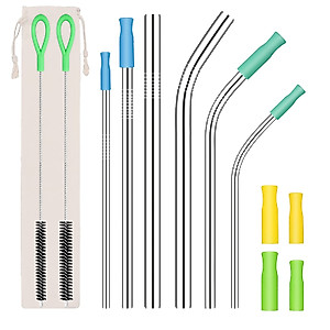 Wokdada Set of 6 Stainless Steel Straws, Reusable Metal Straw with Silicone Tip, Metal Drinking Straws for Tumbler,8 Silicone Tips,2 Straw Cleaning Brush,Perfect for Smoothies、 Milkshakes、Boba