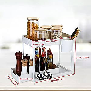 Qucover 2 Tier Under Sink Organizer, 2 Pack Bathroom Cabinet Organizers and Storage Sliding, Waterproof Kitchen Sink Organizer Under Cabinet Storage with Hooks, Hanging Cup, Black & White