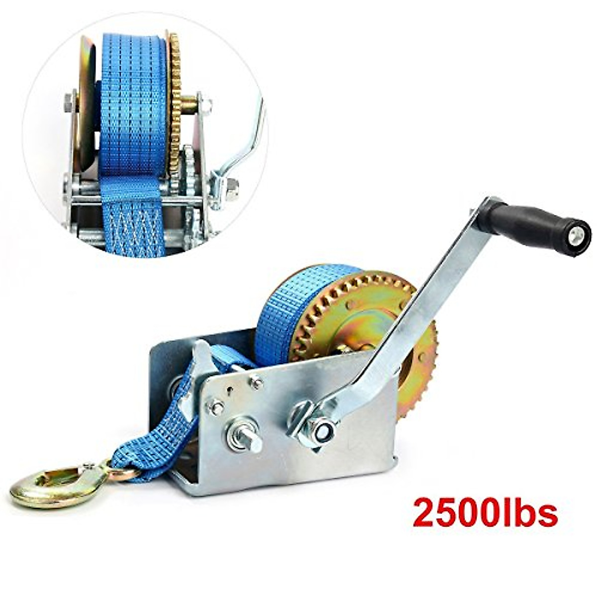 8milelake 2500lbs Hand Winch Hand Crank 2 Gear Strap Gear Winch Polyester Strap ATV Boat Trailer Heavy Duty (2500LBS)