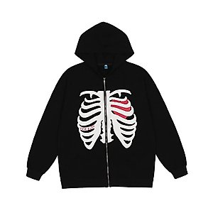 NUFR Unisex Skeleton Zip Up Hoodie Fashion Vintage Jacket Graphics E-Girl 90s Sweatshirt for Men and Women for Teen Girls Boys Black